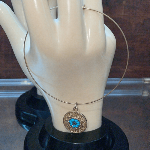 Thin gold wire bangle bracelet with round filigree coin look pendant | eBay