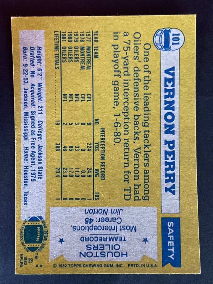 Vernon Perry 1982 Topps Football Card #101 - Houston Oilers Safety - NM ...