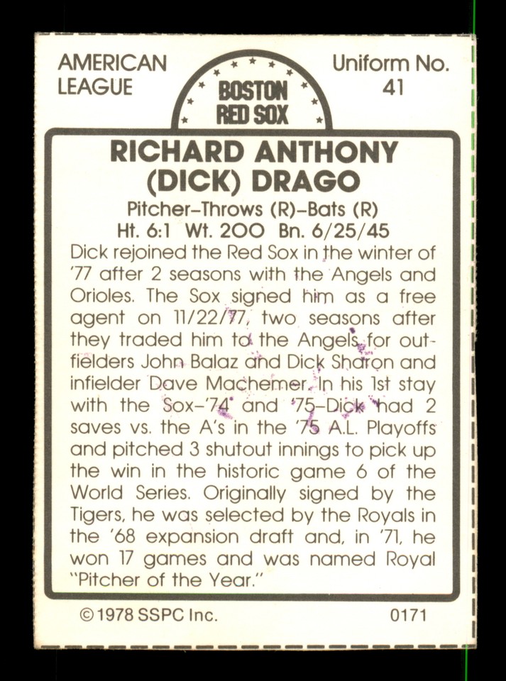 Dick Drago Autographed Signed 1978 SSPC Card #171 Boston Red Sox SKU ...