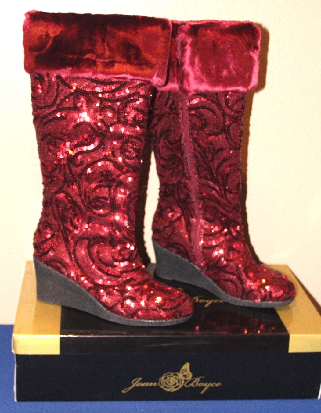 Joan Boyce Shari WINE SEQUIN With Faux Fur Cuff Tall Wedge Heel Boots ...