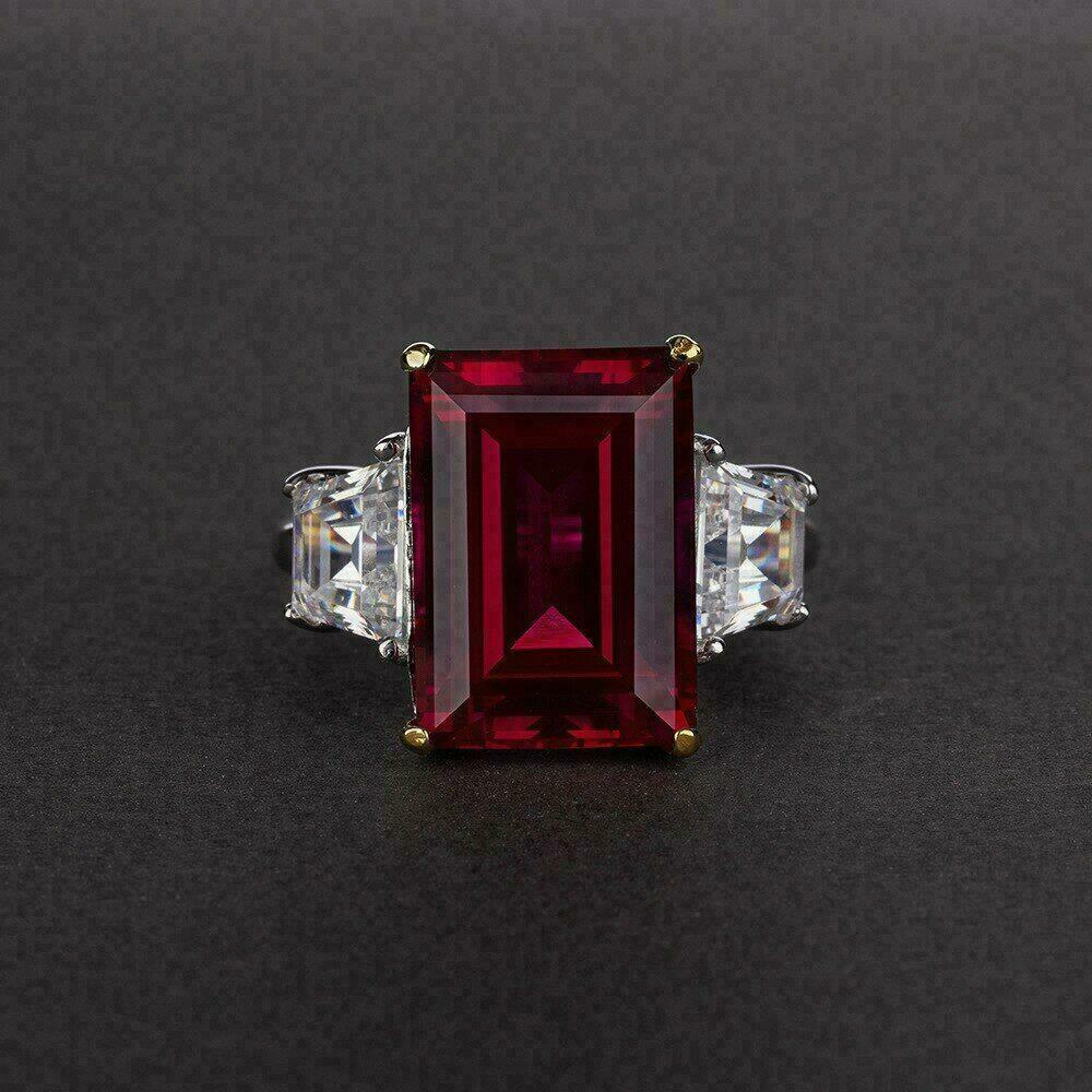Red Emerald Cut Cubic Zirconia Three Stone Wedding Gift 925 Sterling ...