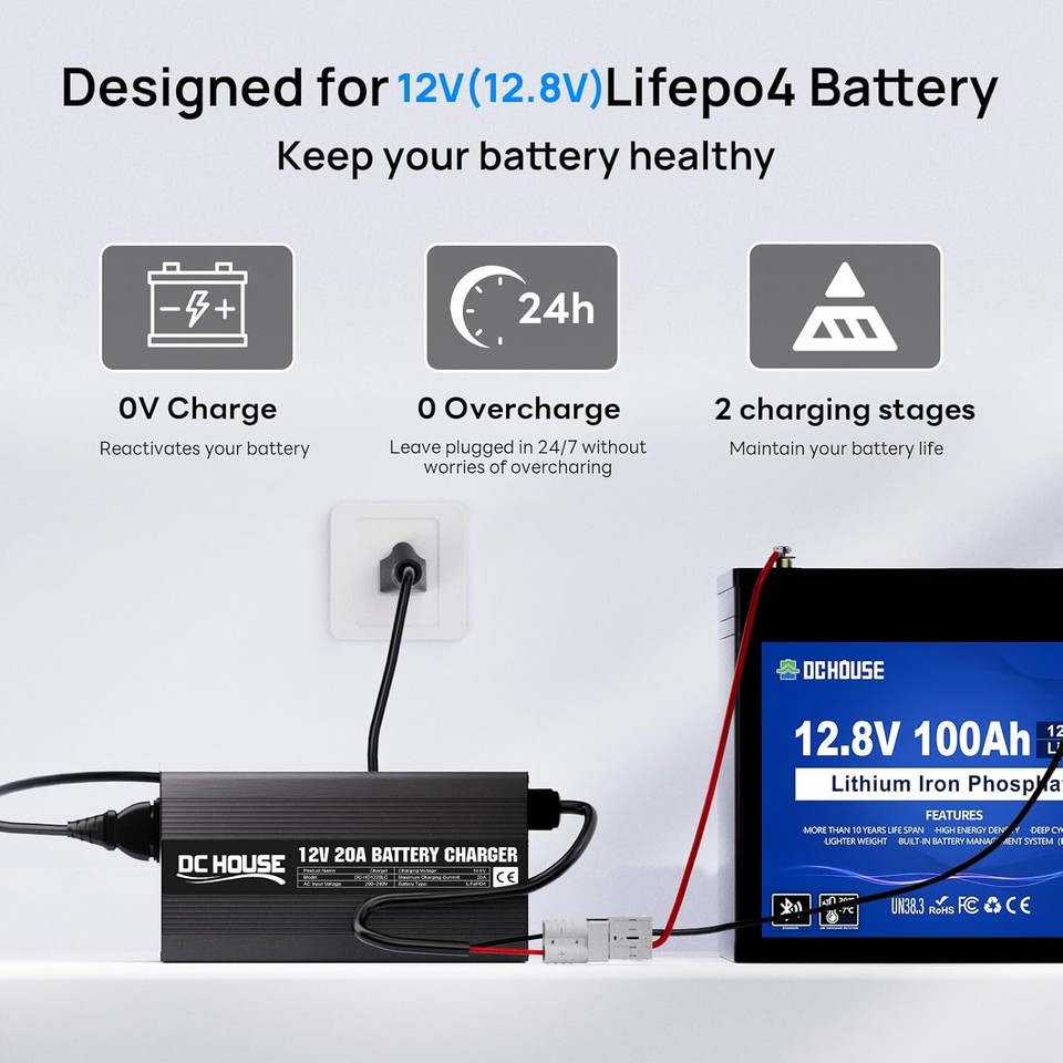 12V 20A Lithium Battery Smart Charger with Battery Quick Connector LED ...