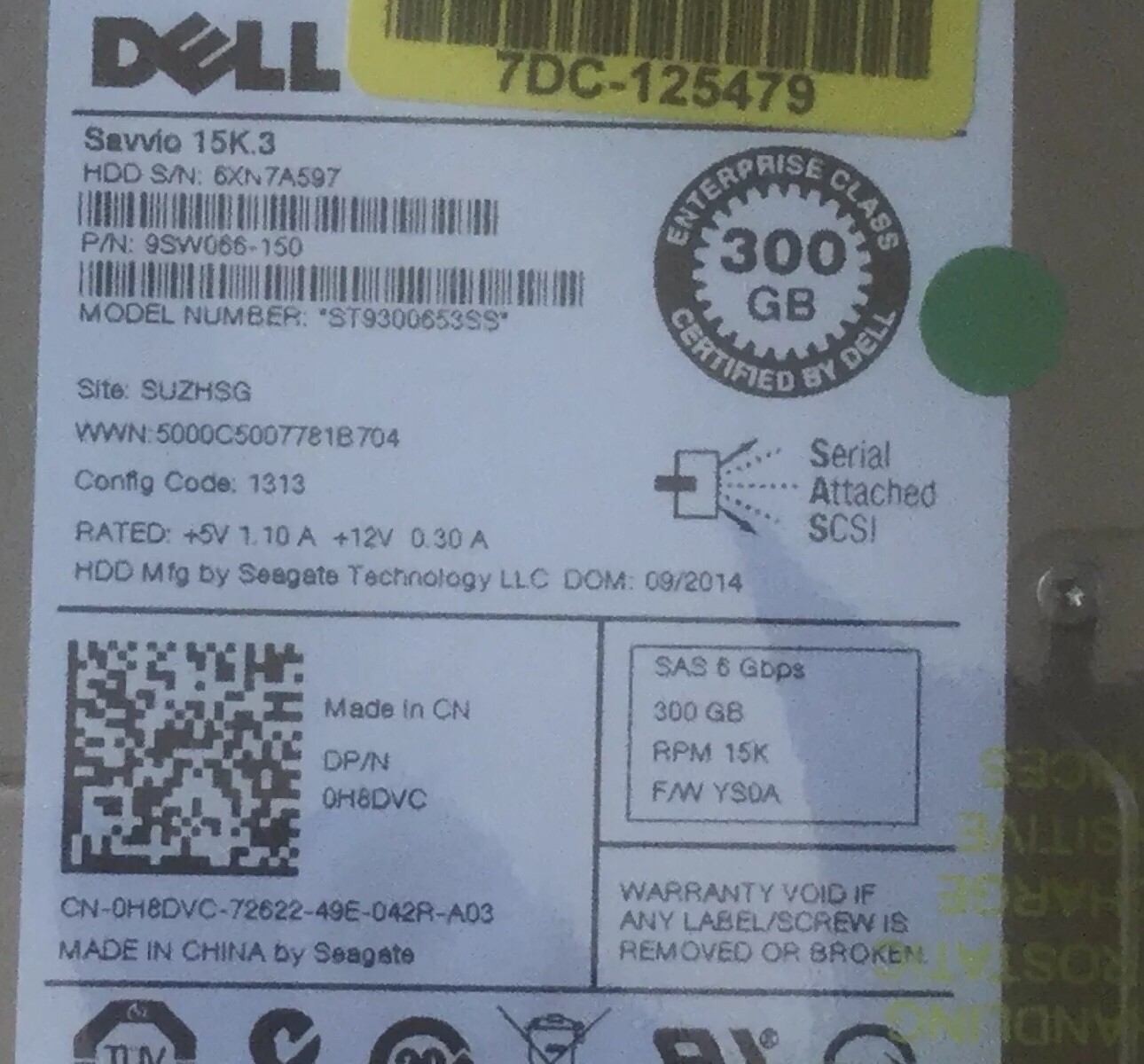 H8DVC 0H8DVC Dell Server ST9300653SS 9SW066-150 2.5" 300GB 15K 6G SAS ...
