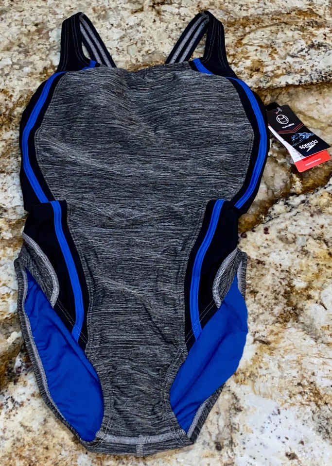 SPEEDO Heathered Quantum Splice Hydro Bra Grey Black Blue Swim Suit ...