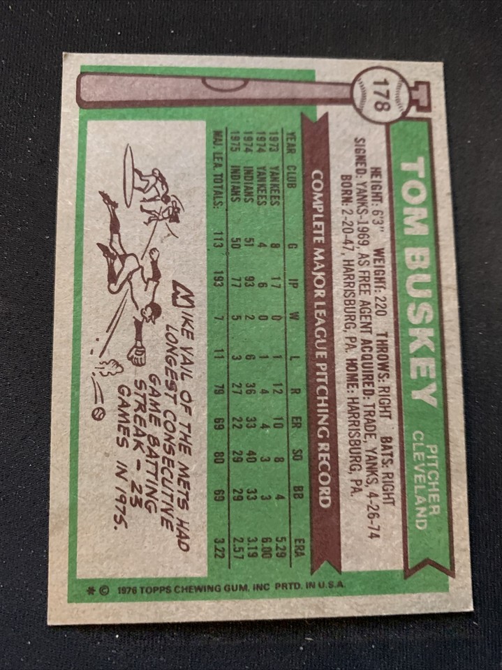 1976 Topps Baseball Card #178 Tom Buskey Cleveland Indians NmMt Free ...