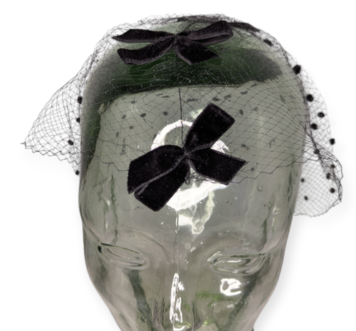 Vintage Black Net w/Polka Dots & Bows Head Covering One Size Fits Most ...