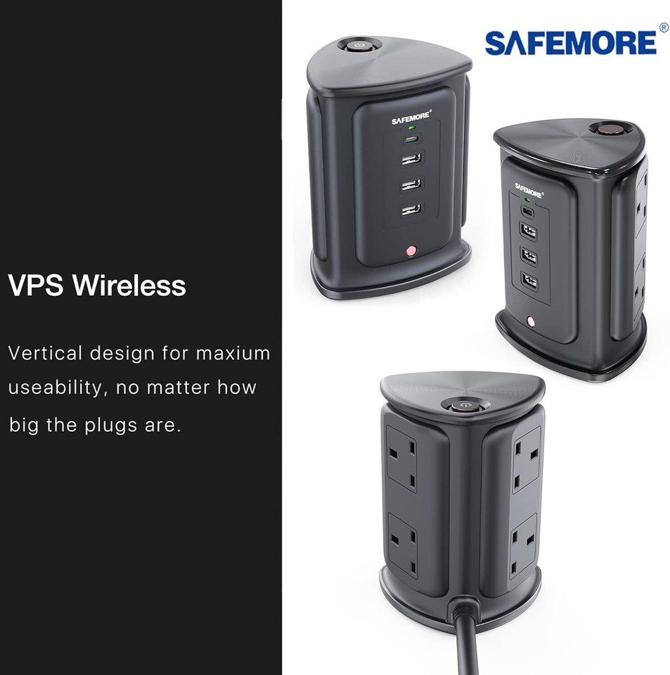 EXTENTION LEAD VERTICAL POWER STRIP TOWER MULTI PLUG USB UK SOCKET 2M ...