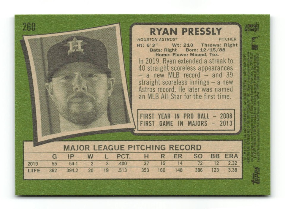 2020 Topps Heritage Ryan Pressly #260 Houston Astros Baseball Card | eBay