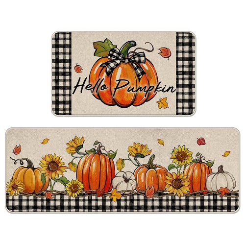 Fall Hello Pumpkin Kitchen Rugs Set of 2, Autumn Thanksgiving Sunflower ...
