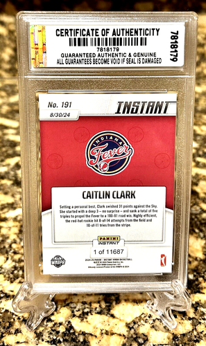 GRADED GEM-MT 10 CAITLIN CLARK PANINI INSTANT "31 PT GAME"ROOKIE #191 ...