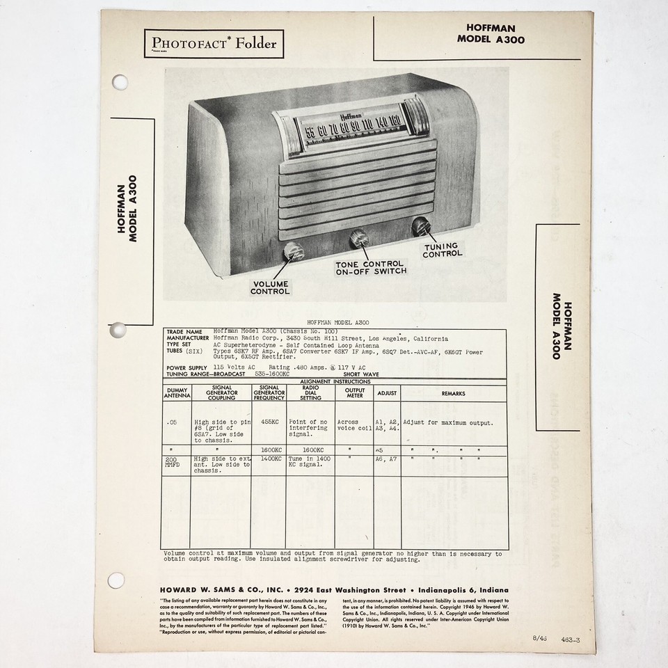 1946 Hoffman Radio Model A300 Wire Schematic Repair Manual Vintage ...