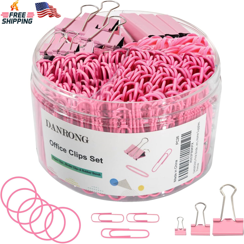 380 PCS Pink Binder Clips Paper Clamps Rubber Bands Assorted Sizes ...