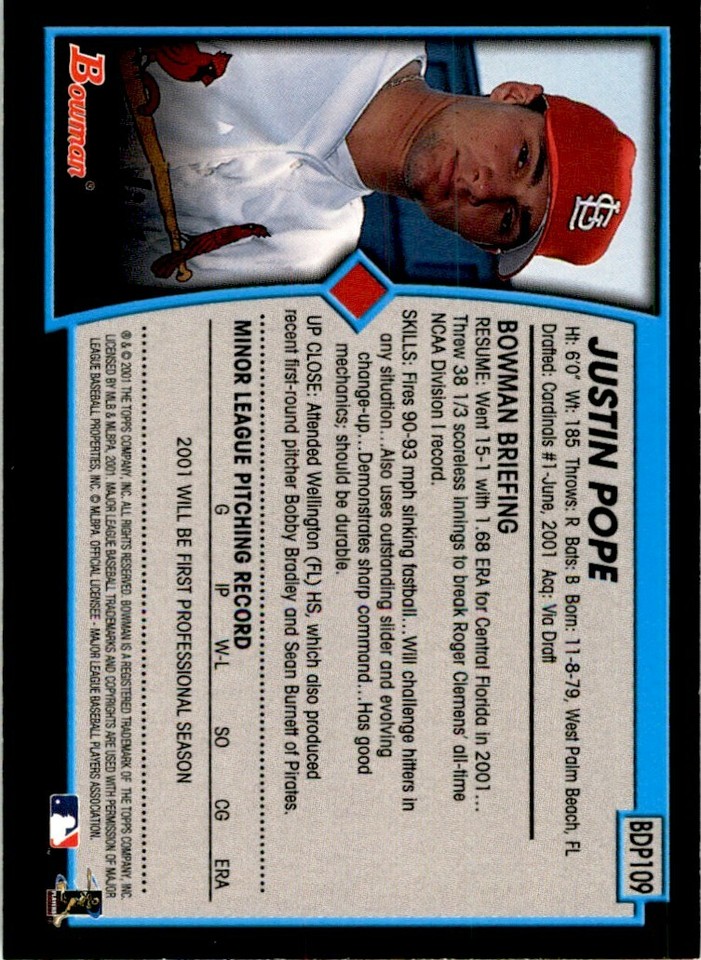 2001 Bowman Draft Picks & Prospects Justin Pope Rookie St. Louis ...
