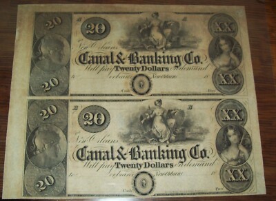1850's Canal Bank New Orleans Louisiana Uncut Sheet of 2 $20 Obsolete ...