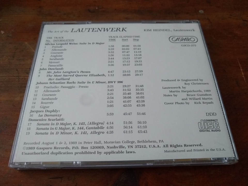[disc seems near-mint] Art of the Lautenwerk,Weiss Dowland Bach Duphly ...