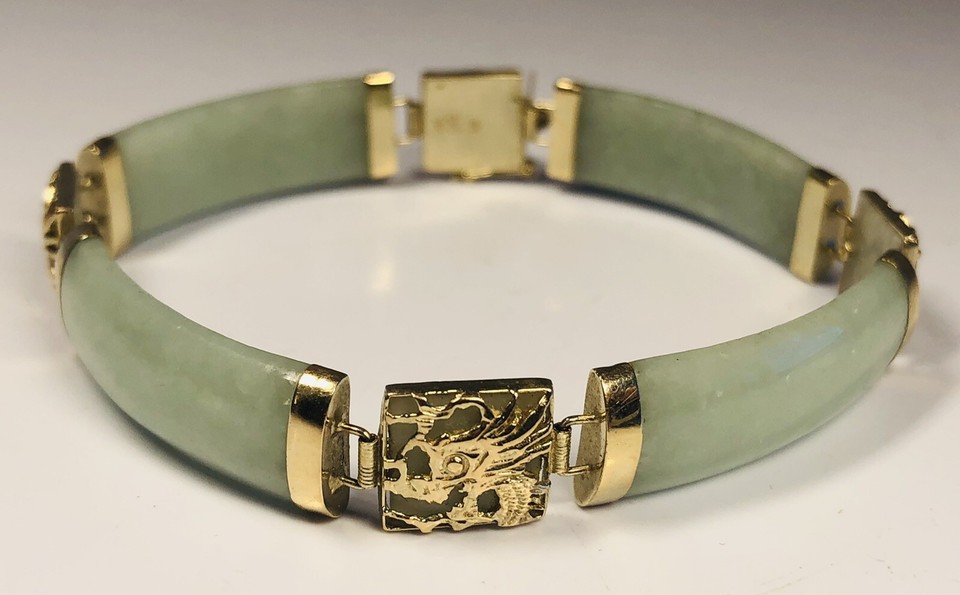 Chinese Jade and 14K Yellow Gold Dragon Bracelet 7" | eBay