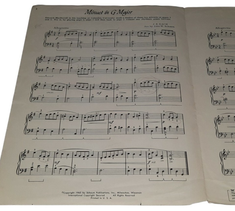 Minuet Medley by J.S. Bach Piano Solo 1965 Classical Sheet Music | eBay