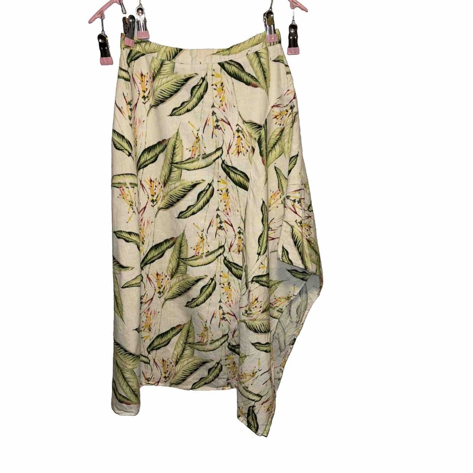 BCBG MAXAZRIA Bird of Paradise XXS Linen MIDI Skirt Tropical Floral ...