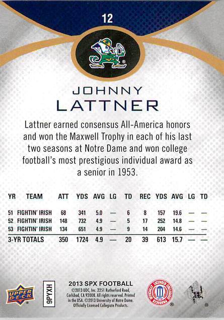 Johnny Lattner 12 2013 Upper Deck SPx Notre Dame Fighting Fightin ...