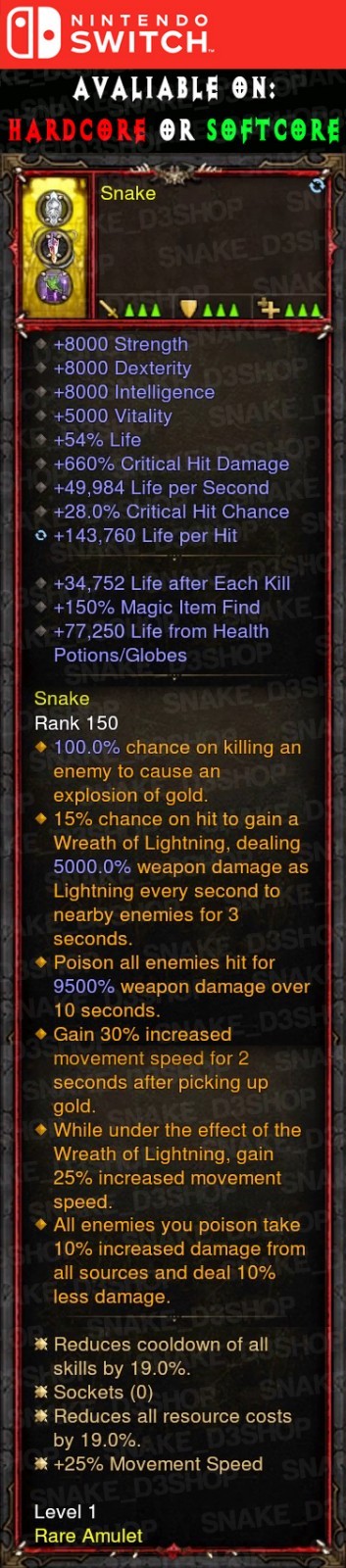Diablo 3 Nintendo Switch - PRIMAL Modded 8k Amulet - Snake - Life ...