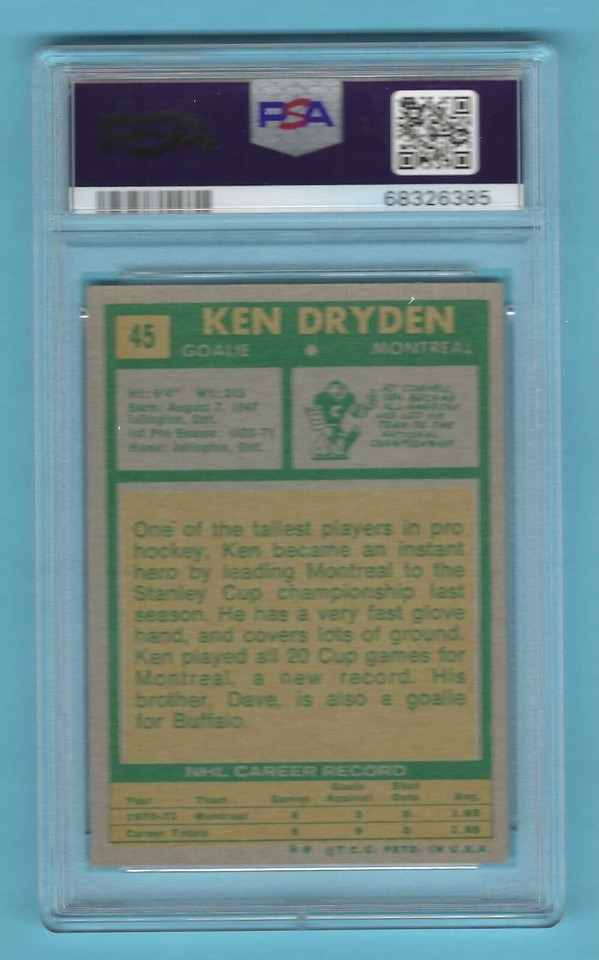 1971-72 Topps 45 Ken Dryden Montreal Canadiens! ROOKIE CARD! PSA 7 NM ...