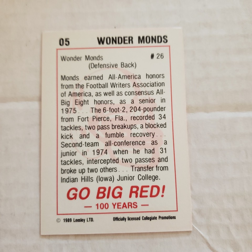 WONDER MONDS Autographed Signed 1989 Leesley card Nebraska Cornhuskers ...