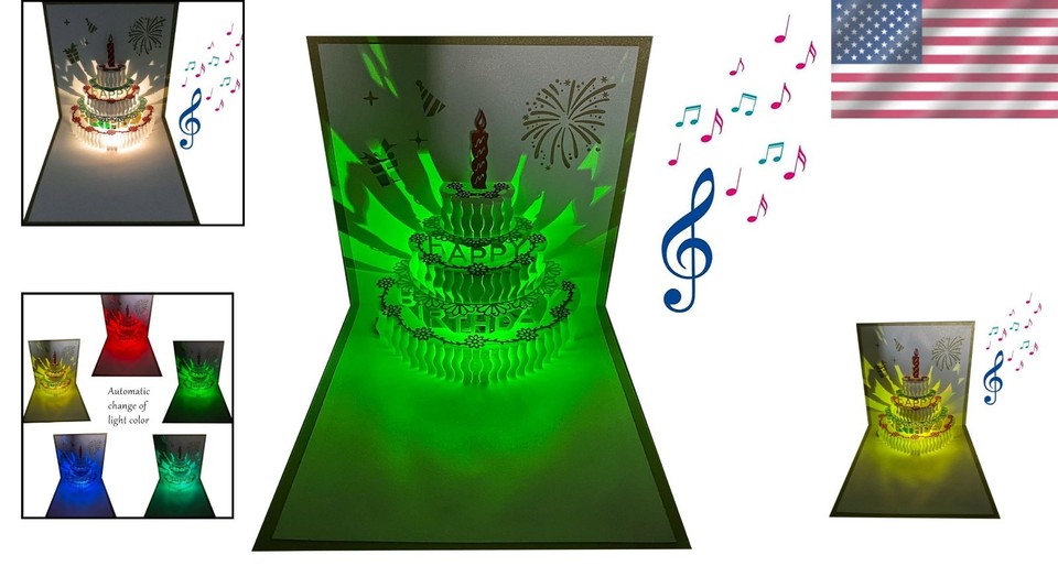 Delightful Music Birthday Card - Laser Cut 3D Pop-Up with Colorful LED ...