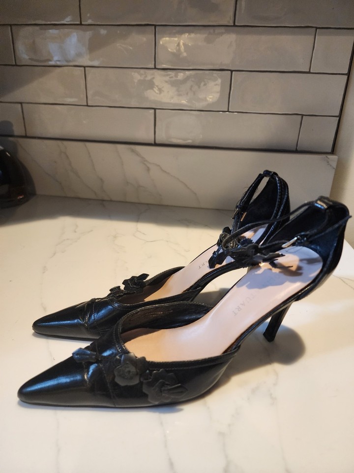 VTG Colin Stuart Black Leather Ankle Strap Pointed Toe Heel With Floral ...