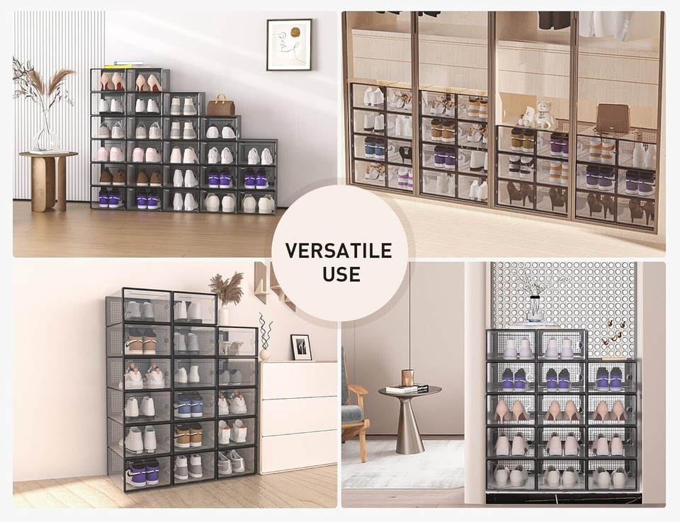 X-Large Clear Plastic Shoe Storage Boxes 12 Pack Stackable Organizer ...