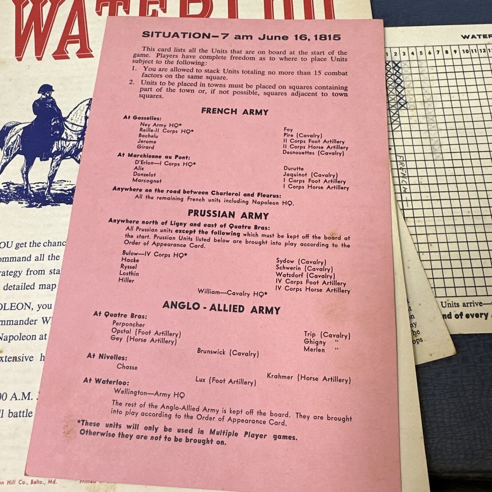 Vtg 1962 Waterloo Avalon Hill Strategy Board Game 516 Battle Napoleon ...