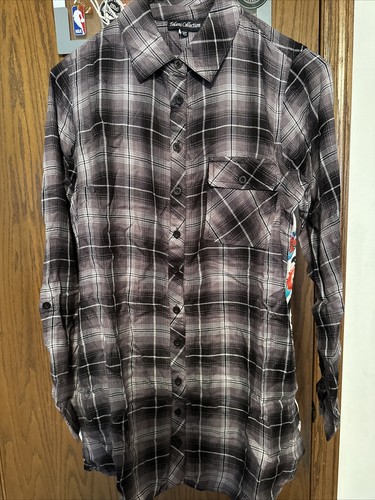 Tolani Collection Black Plaid Front Floral Back Button Up Tunic Shirt ...