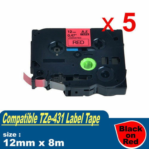 5x Laminated Label Tape TZ431 TZe-431 for Brother P-Touch Black on Red ...