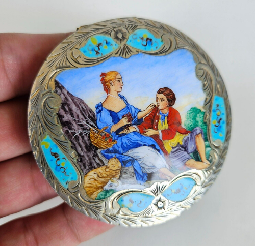 Antique Italy 800 Sterling Silver & Enamel Powder Compact Courting ...