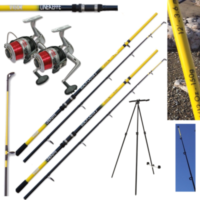 SEA FISHING SET - 2 X 12FT BEACHCASTER RODS + 2 X SILK 70 SEA REELS + 1 ...
