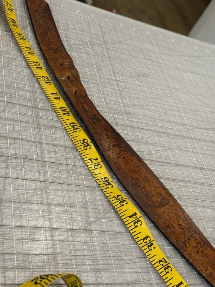 Vtg Tooled LEATHER Belt JUMPING FISH Trout Salmon SCENE Waist Mens XL ...
