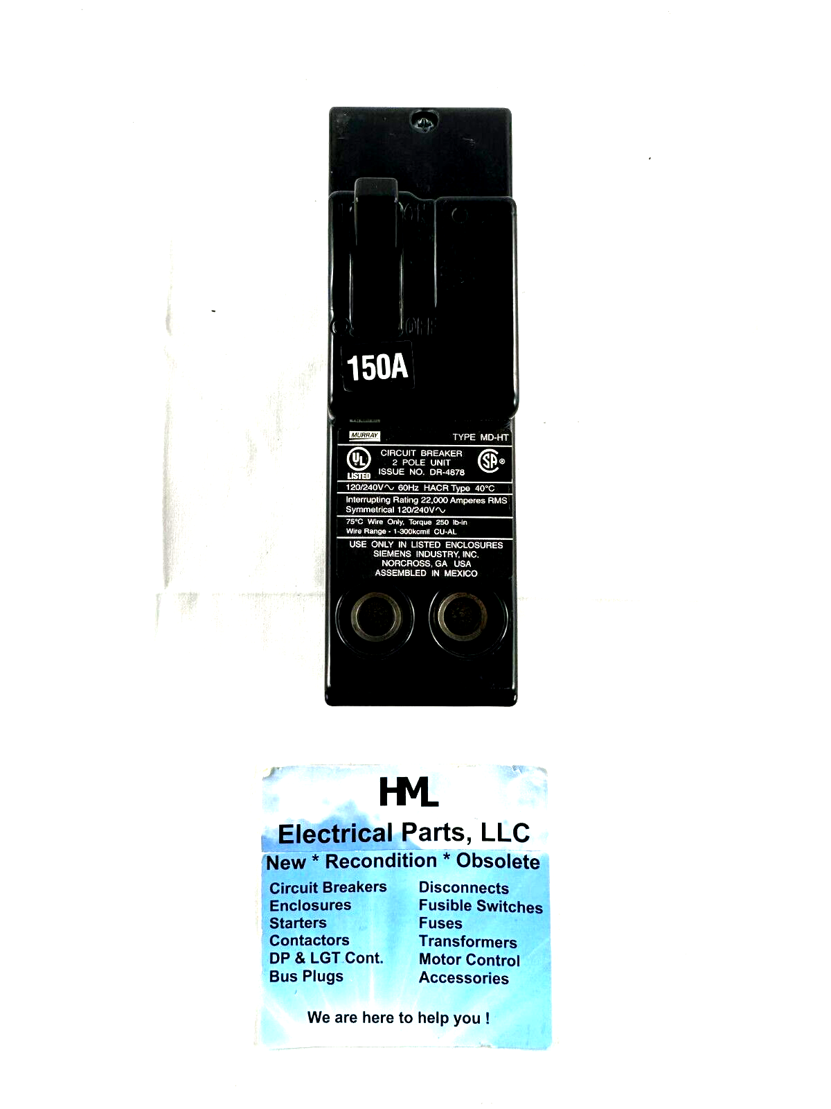 MURRAY, MPD2150KH, 150A, 240V, 22K AIC, 2 POLE, MAIN CIRCUIT BREAKER ...