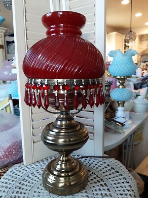 Vintage Ruby Red Swirl Hurricane Lamp with Red Prisms! VERY BEAUTIFUL ...