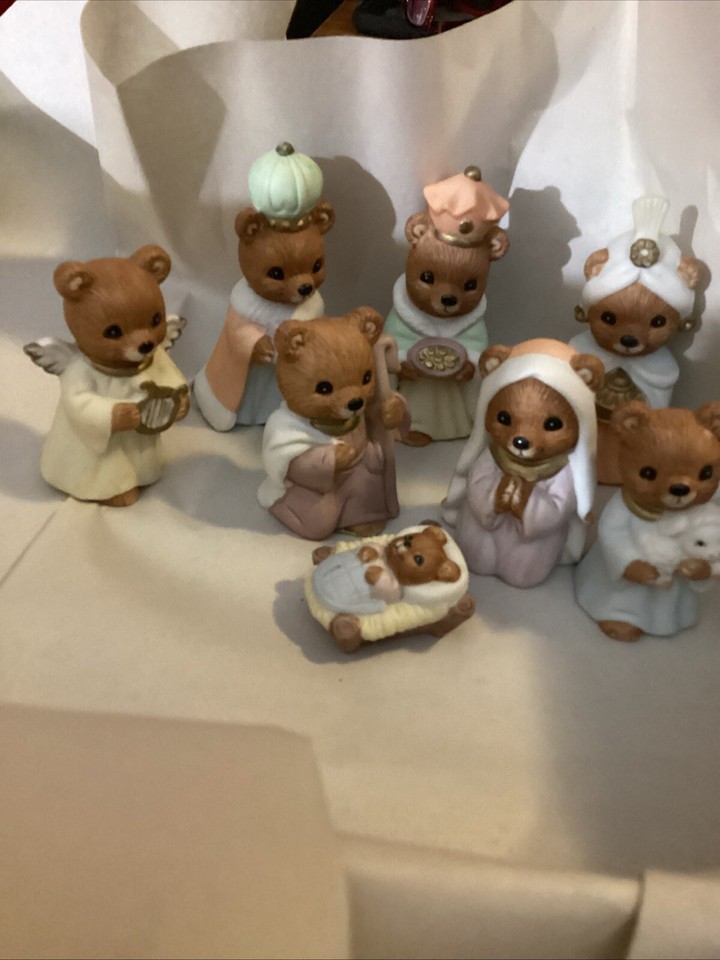 Homco 9 Piece Nativity Teddy Bears Complete Mini Ceramic Set #5412 ...