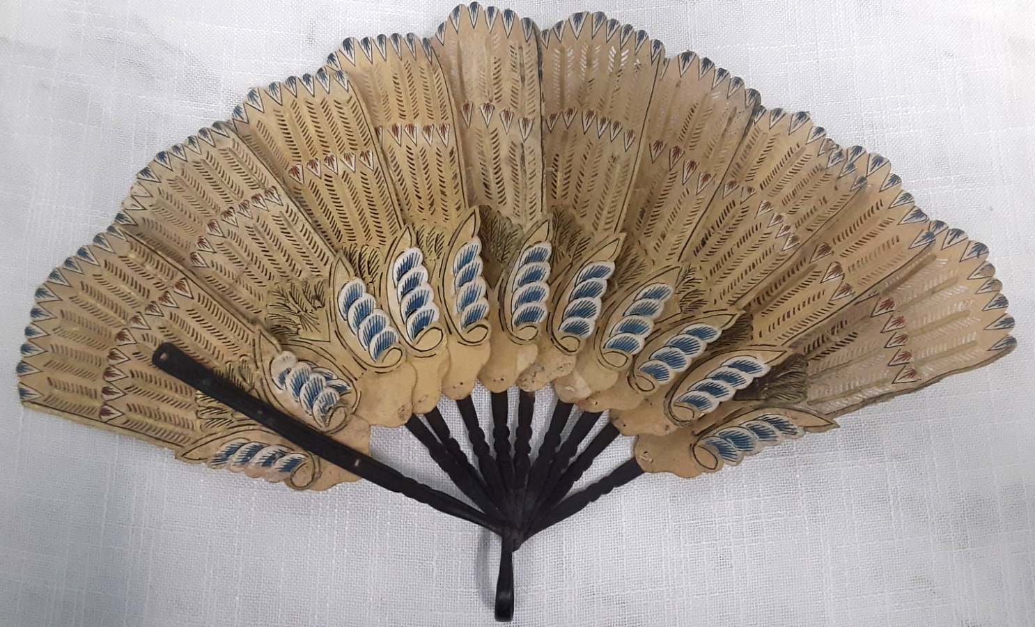 Victorian Hand Painted Paper or Leather 15" PIERCED FOLDING LADIES FAN ...