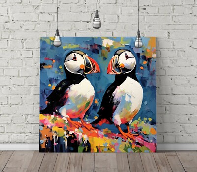 NEO FAUVISM PUFFINS -SQUARE CANVAS WALL ART FLOAT EFFECT/FRAME/POSTER ...
