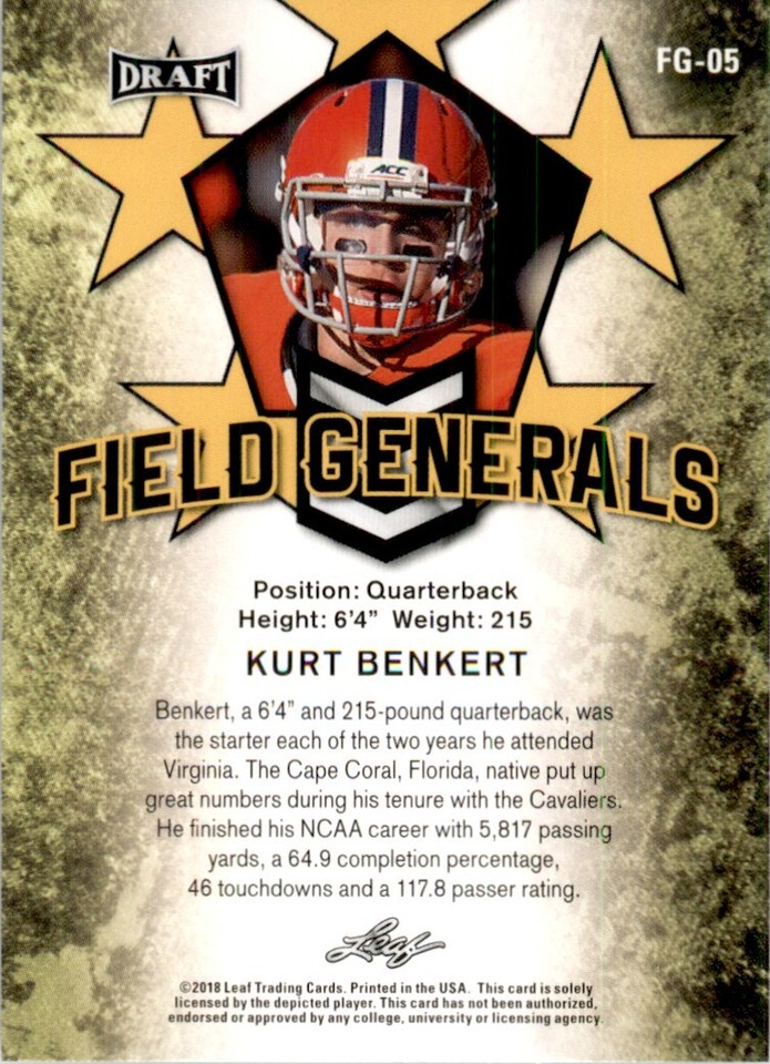 2018 Leaf Draft Field Generals Kurt Benkert Rookie Virginia Cavaliers # ...