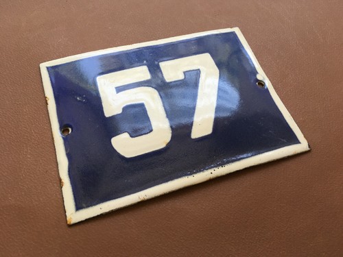 VINTAGE EUROPEAN ENAMEL SIGN PORCELAIN HOUSE NUMBER 57 DOOR COBALT BLUE ...