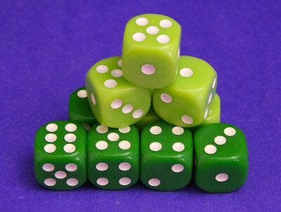 d6 DICE SET (10) 16mm - 2 SHADE OF GREEN/WHITE, WARHAMMER, D&D, RPG ...