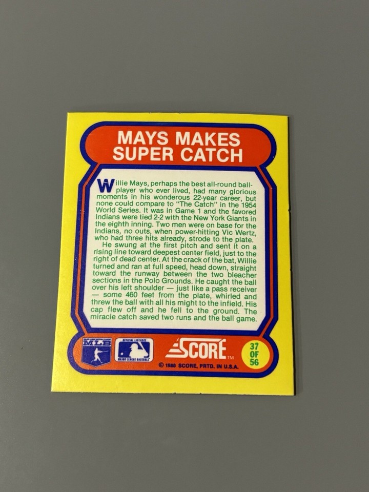 1988 Score Great Moments in Baseball #37 Mays Makes Super Catch. Willie ...