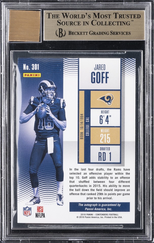 2016 CONTENDERS CRACKED ICE #301A JARED GOFF ROOKIE RC 17/24 BGS 9.5 ...