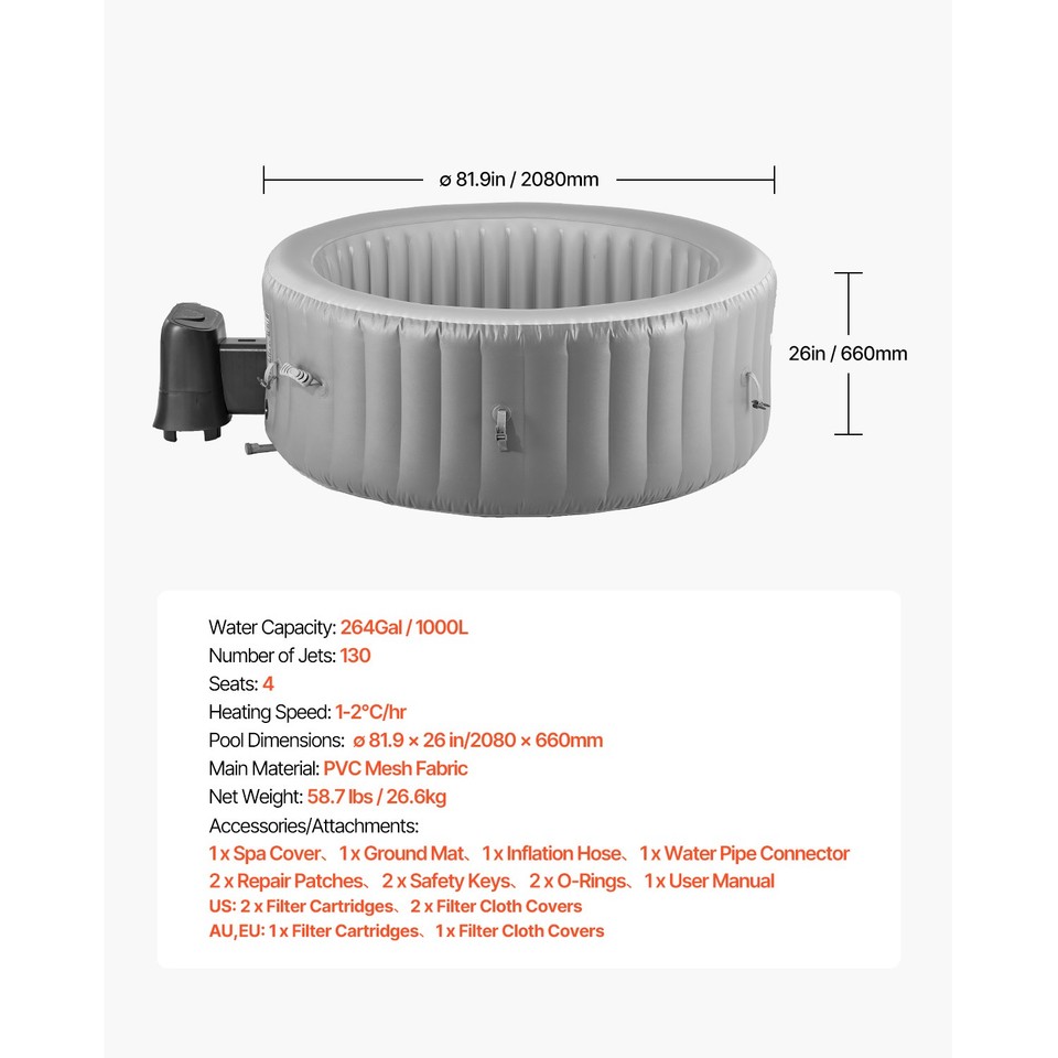 Uimoso Inflatable Hot Tub 4 to 6 Person 81.9 x 26in Round Outdoor Spa ...