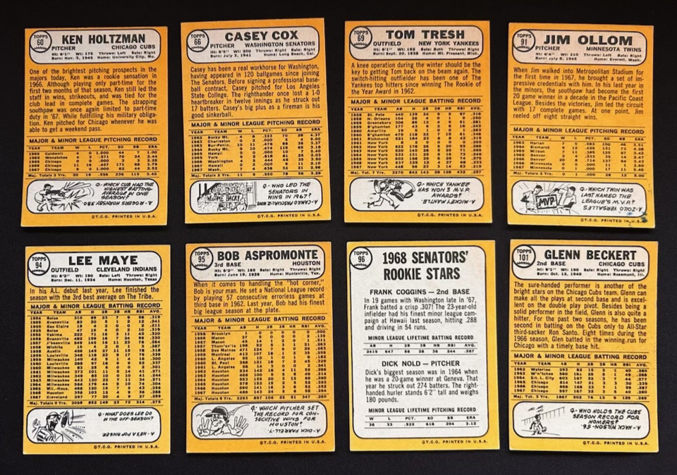 Lot of 8: 1968 Topps Baseball Cards - #60, #66, #69, #91, #94, #95, #96 ...