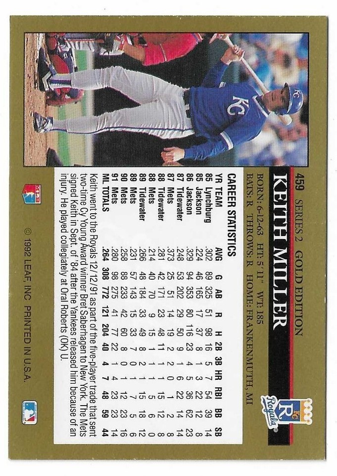 1992 Leaf Baseball Keith Miller Black Gold Card #459 Kansas City Royals ...