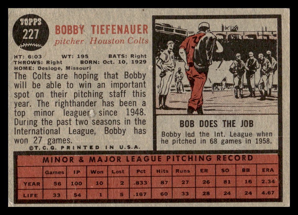 1962 Topps Bobby Tiefenauer #227 Houston Colt .45s Baseball Card | eBay