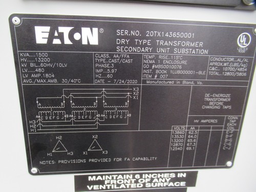 Eaton 1500KVA 13200X480 Volt 3 Phase Substation Transformer -T1265 ...
